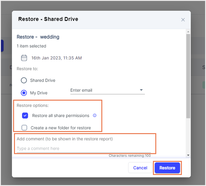 How can I restore deleted shared drive data to a user's My Drive using the SysCloud backup ...